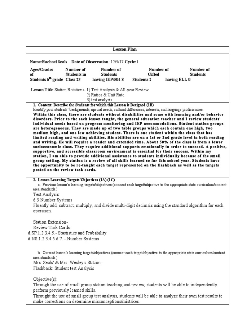 Lesson Plan: Lesson Title:Station Rotations-1) Test Analysis & All-Year ...