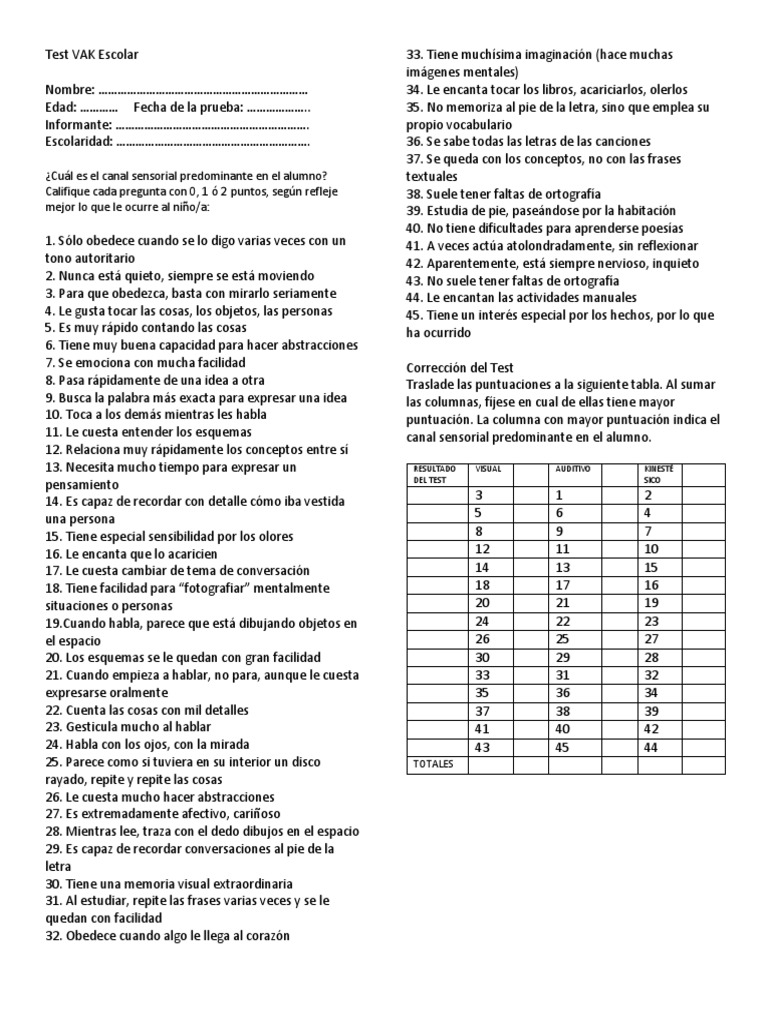 Test VAK Escolar | PDF | Cognición | Science
