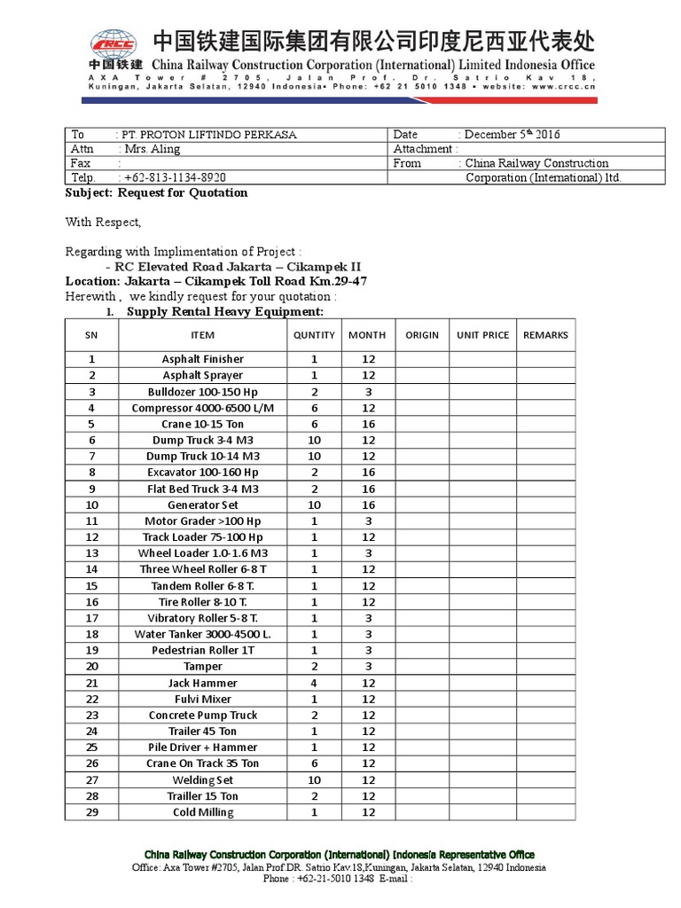 Request Quotation Letter For Equipment PT. Proton Liftindo Perkasa ...