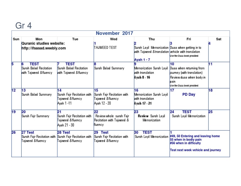 GR 4 November-2017-Calendar | PDF | Quran | Islam