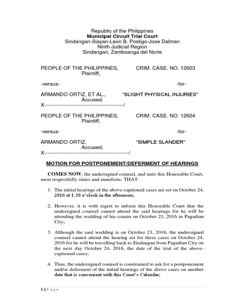 Motion For Postponement Deferment | PDF | Legal Procedure | Government