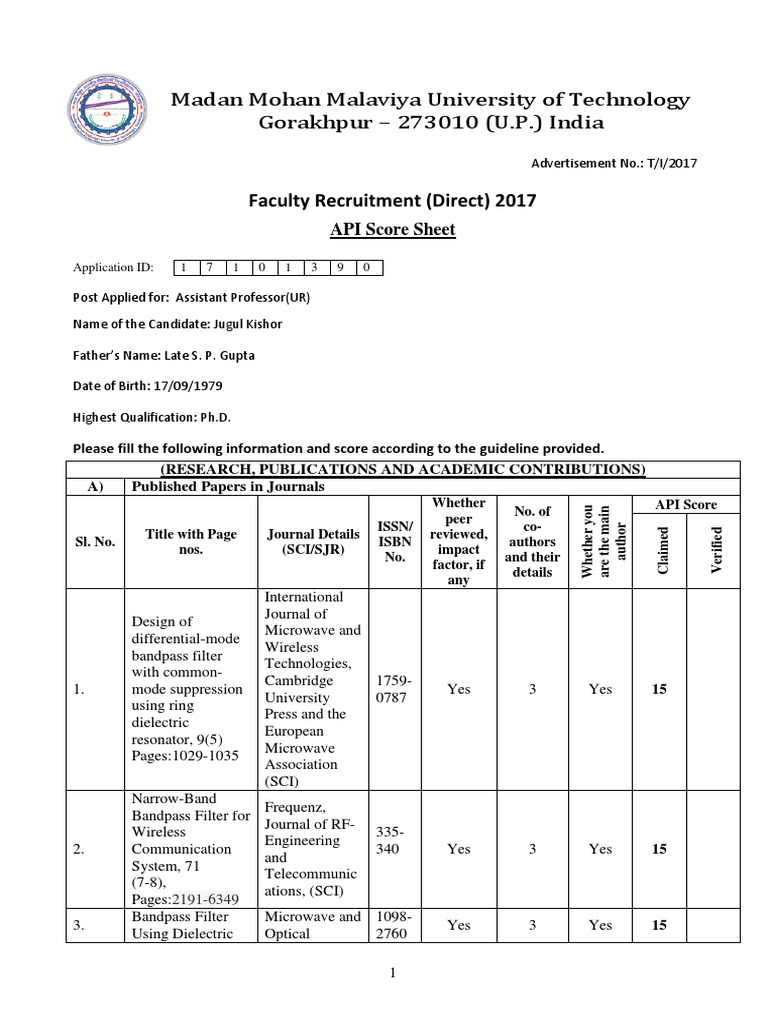 API Scor Sheet For Faculty Recruitment | PDF | Thesis | Electronics