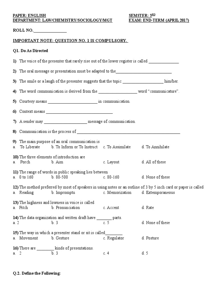 Paper: English Semster: 3 Department: Law/Chemistry/Sociology/Mgt Exam ...