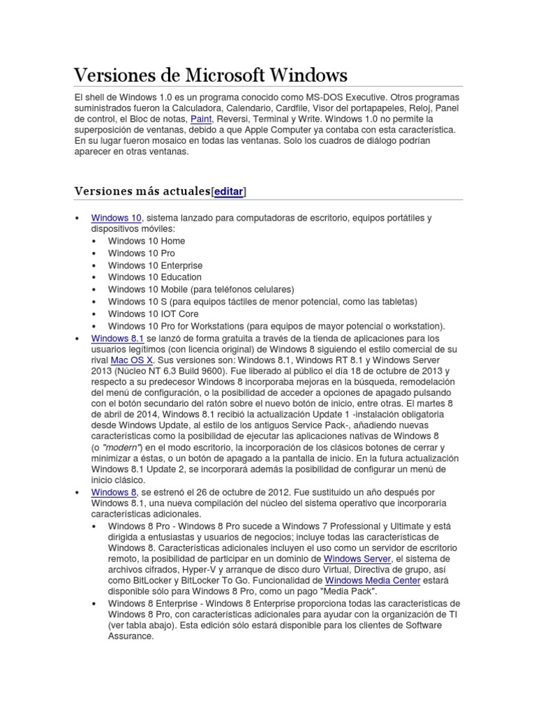 Versiones de Microsoft Windows | PDF | Windows 8 | Windows 10