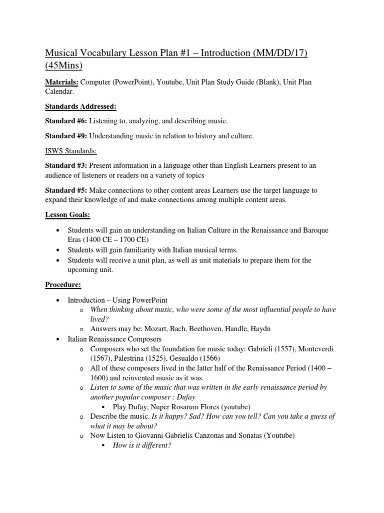 Musical Vocabulary Lesson Plan #1 - Introduction (MM/DD/17) (45mins ...