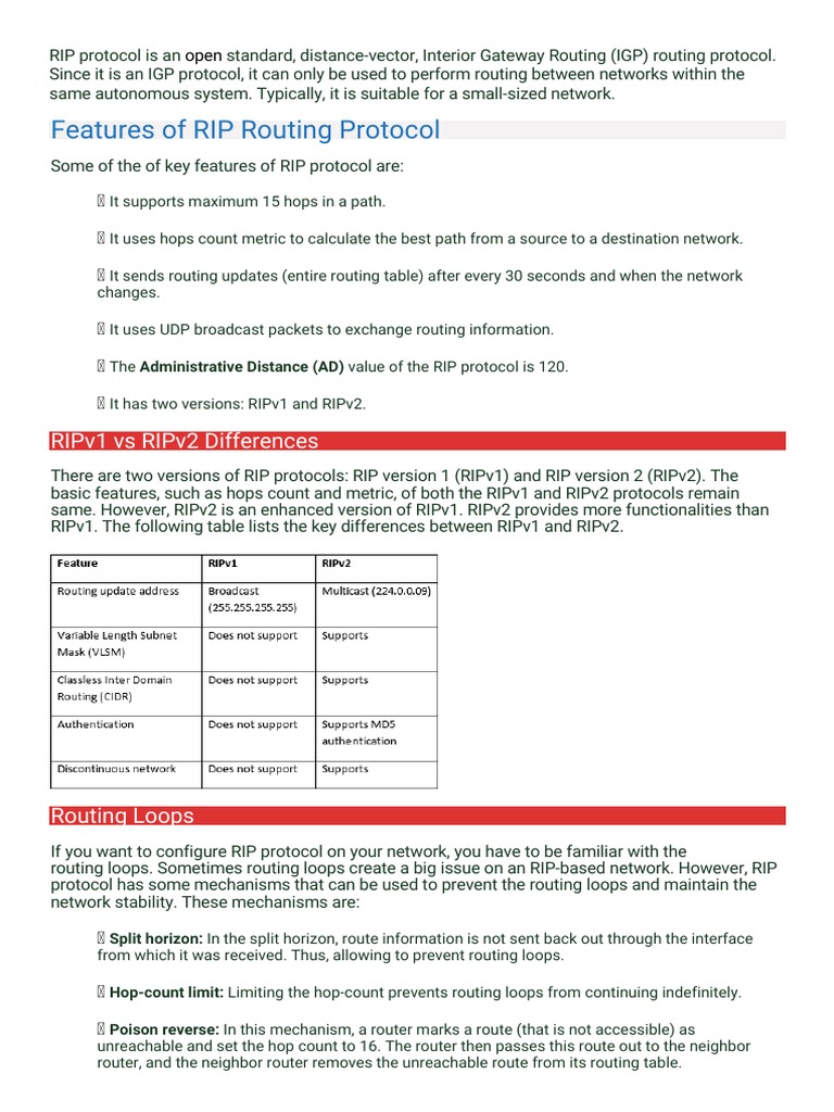 Features of Rip Routing Protocol: Ripv1 Vs Ripv2 Differences | PDF | Routing | Router (Computing)