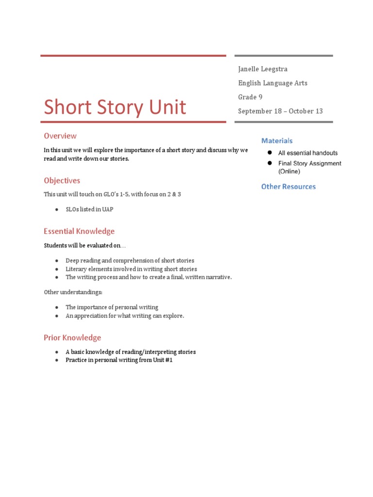 Short Story Unit: Janelle Leegstra English Language Arts Grade 9 ...