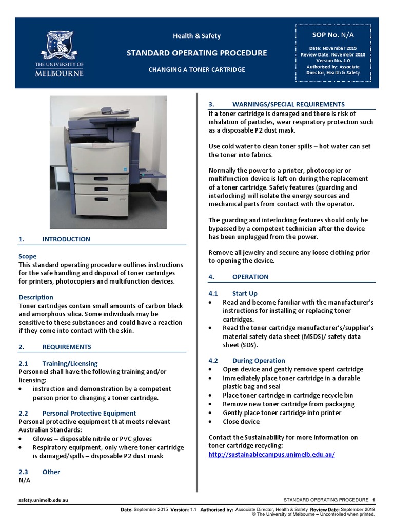 Sop Changing A Toner Cartridge | PDF | Occupational Safety And Health ...