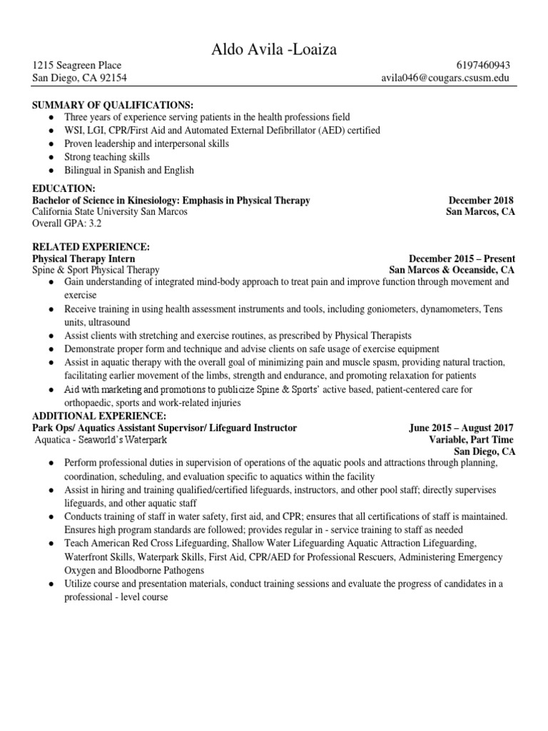 kinesiology resume | Physical Therapy | Clinical Medicine