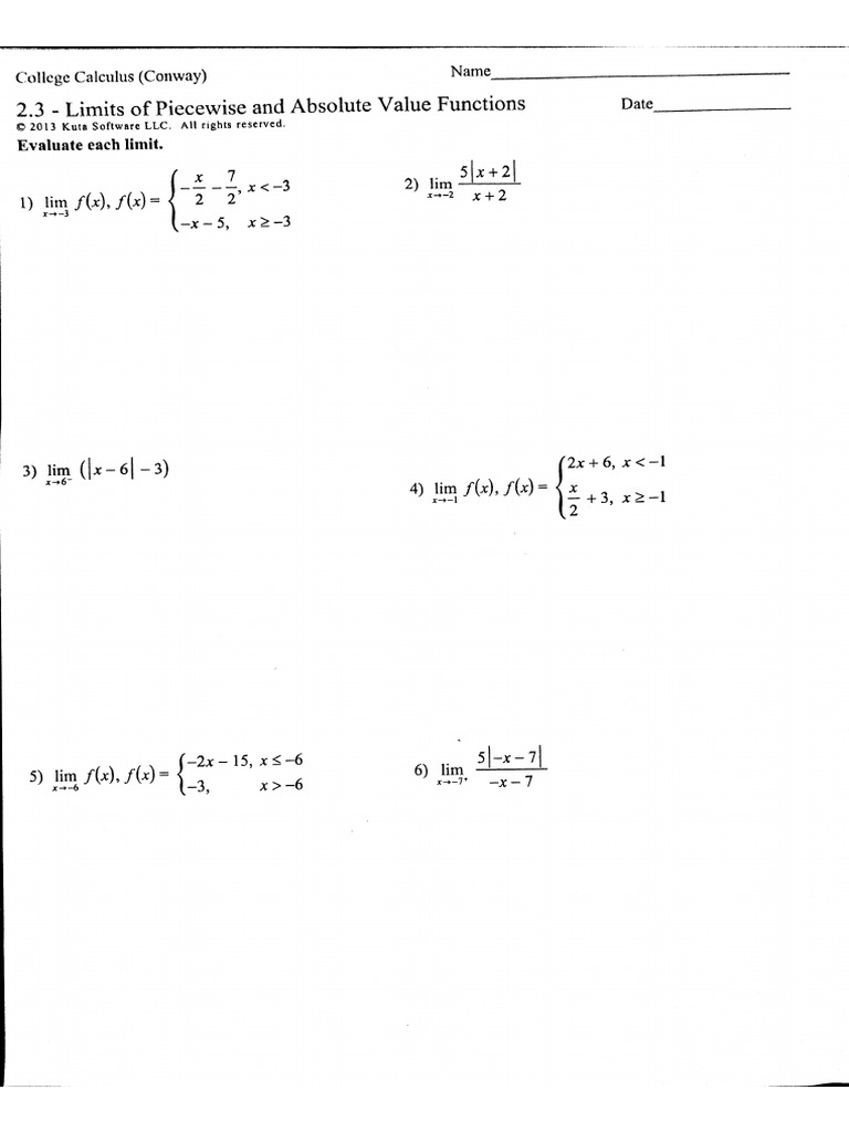 Limits Absolute Value and Piecewise Functions Worksheet | PDF