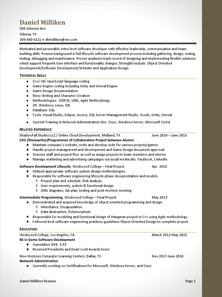 Daniel Milliken Resume | PDF | Software Development | Software Development Process