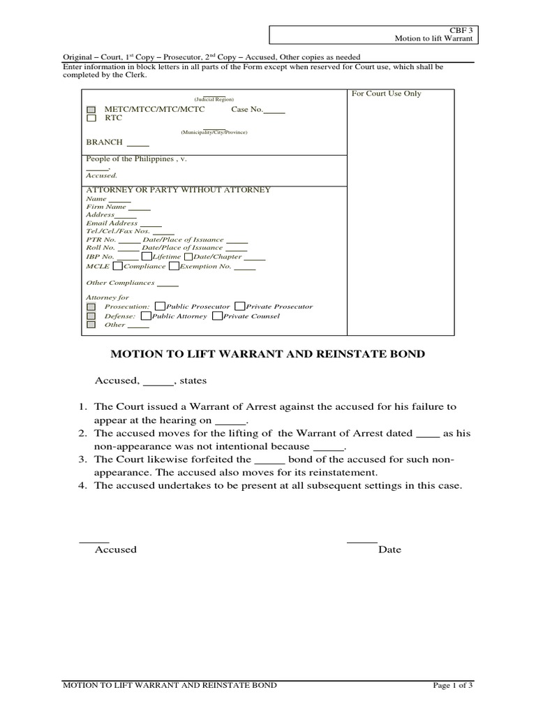 Motion to Lift Arrest Warrant | PDF | Bail | Arrest Warrant