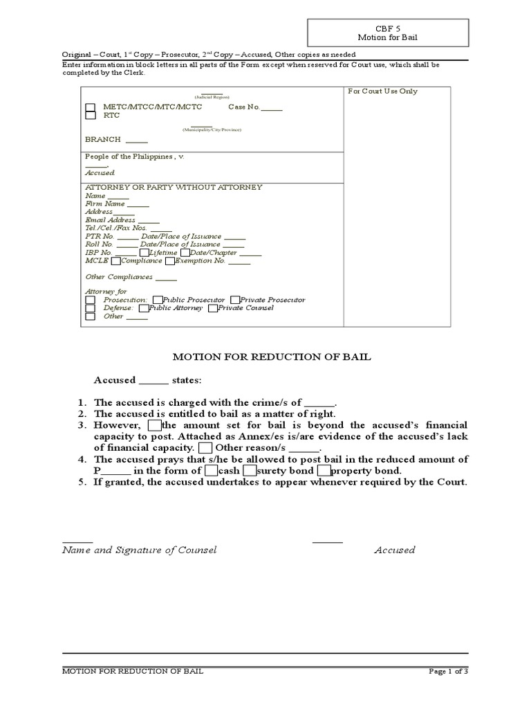 Motion for Reduction of Bail Form | PDF | Bail | Evidence