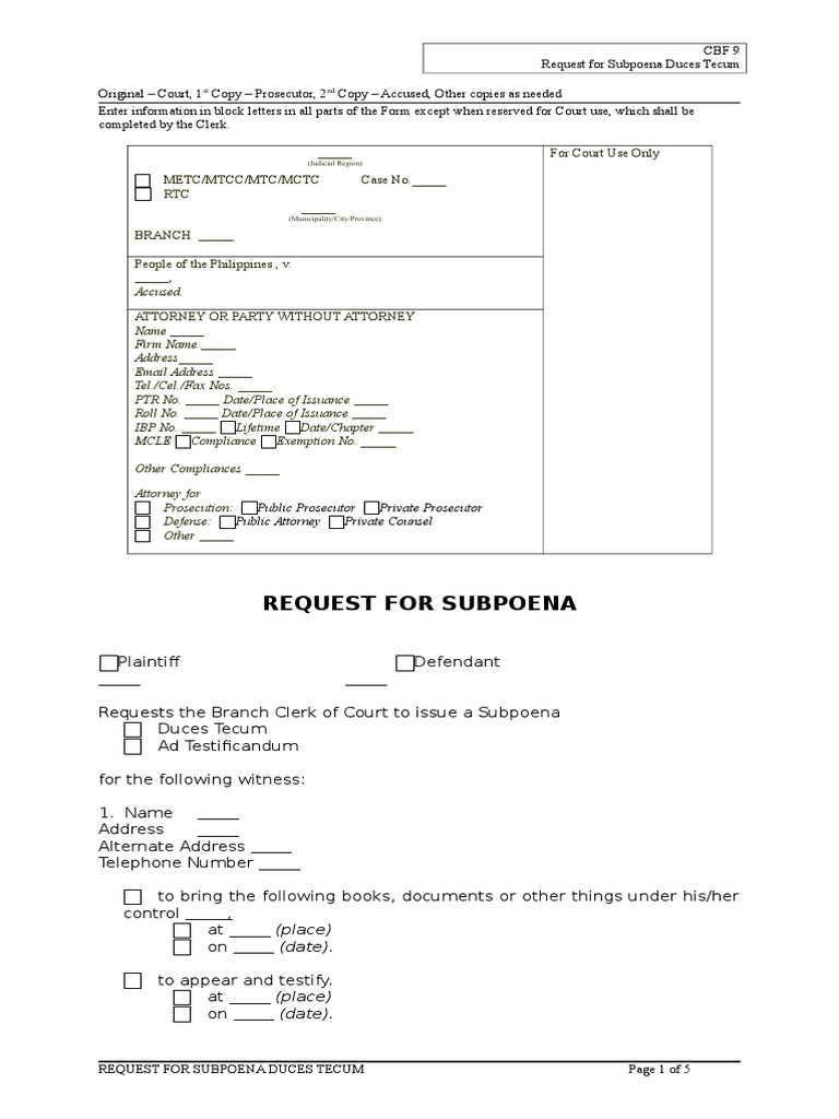 Subpoena Duces Tecum Request Form | PDF | Subpoena | Subpoena Duces Tecum