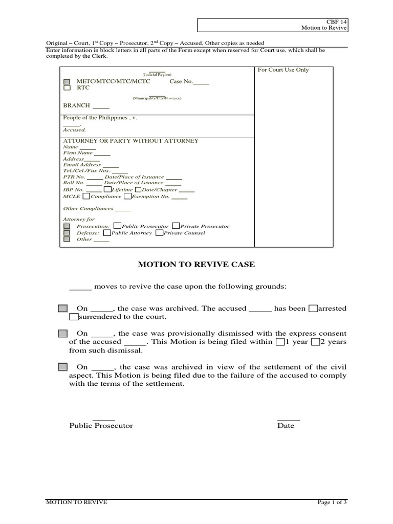 Motion To Revive Case: Metc/Mtcc/Mtc/Mctc Case No. RTC For Court Use ...