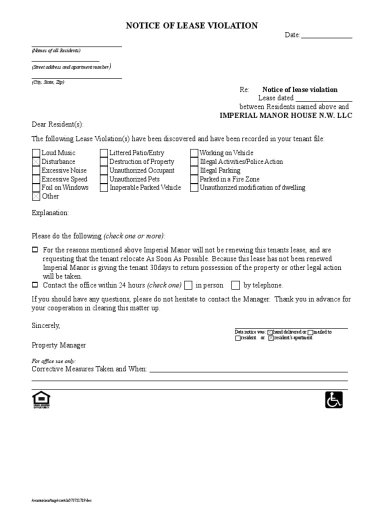 Notice of Lease Violation (Blank) | PDF