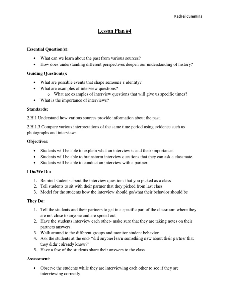 Lesson Plan #4: Essential Question(s) | PDF | Interview | Lesson Plan