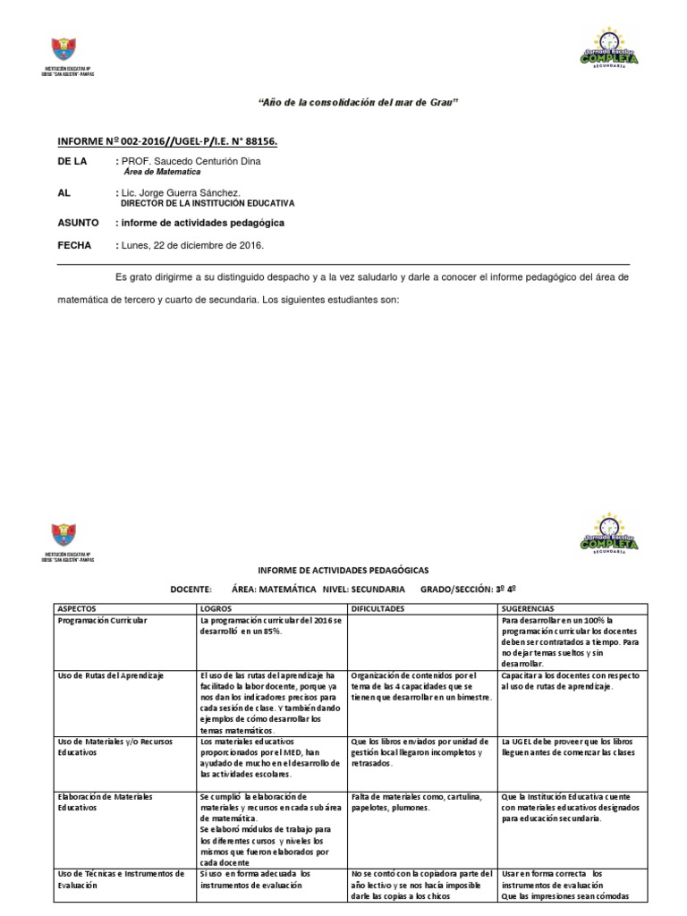 Informe Fin de Año | PDF | Educación Secundaria | Maestros