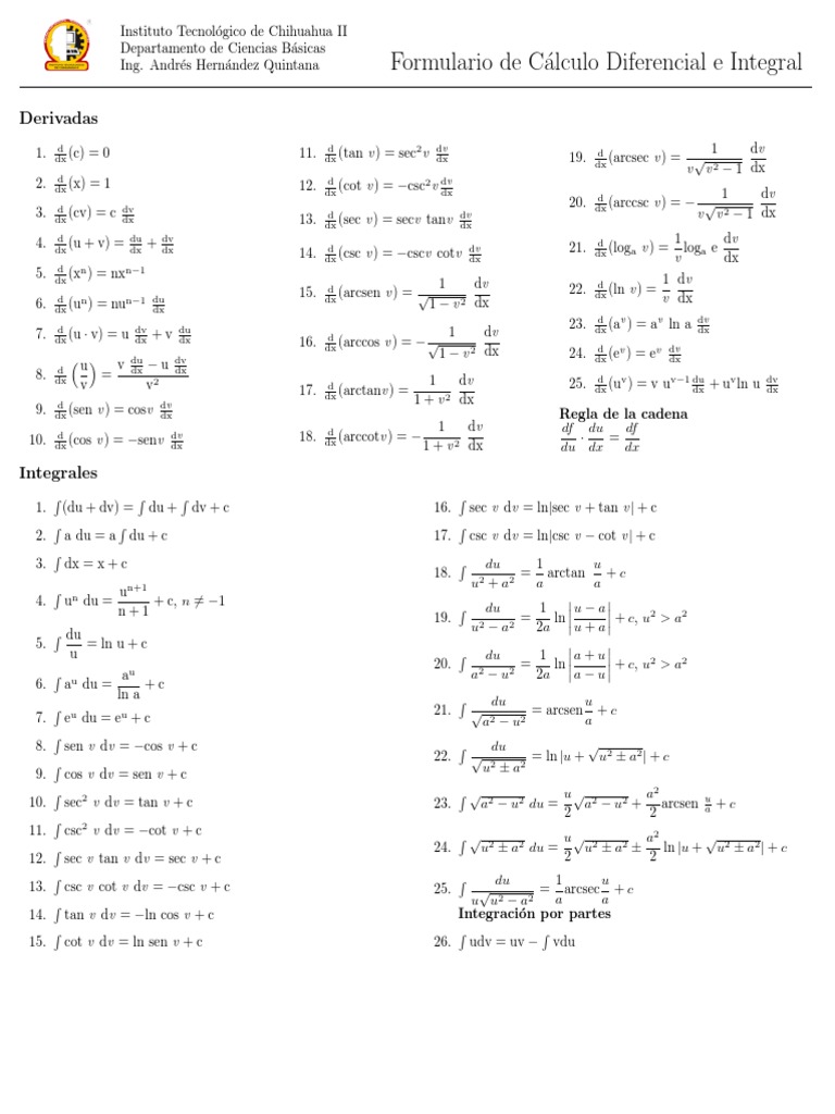 Formulario de Calculo Integral Instituto Tecnologico | PDF