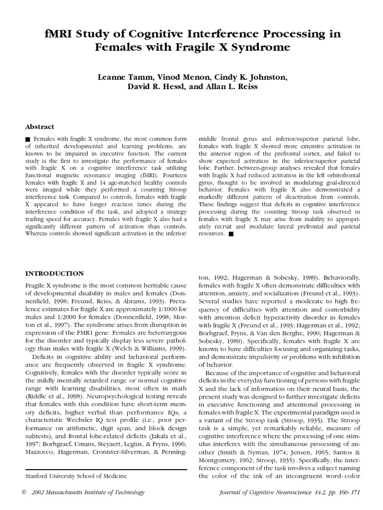 fMRI Study of Cognitive Interference Processing in Females With Fragile ...