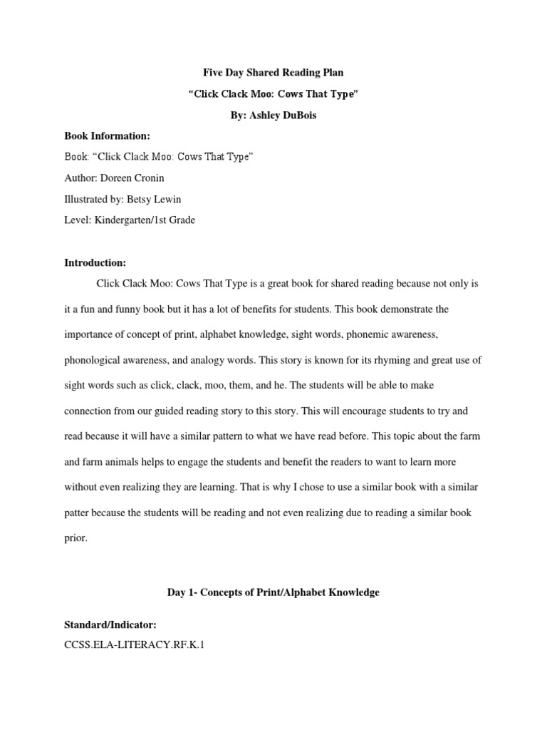 Five-Day Reading Plan for "Click Clack Moo" | PDF | Phonics | Reading ...