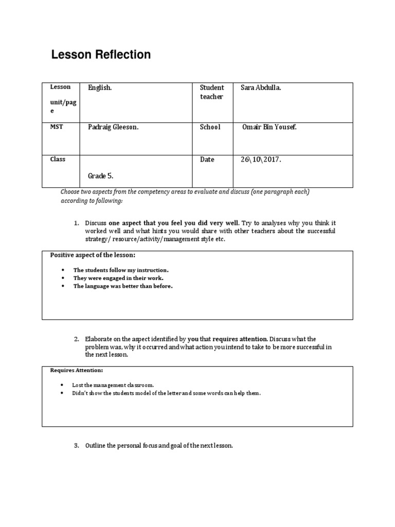 Lesson Reflection-English 1 | PDF | Language Arts & Discipline | Self ...
