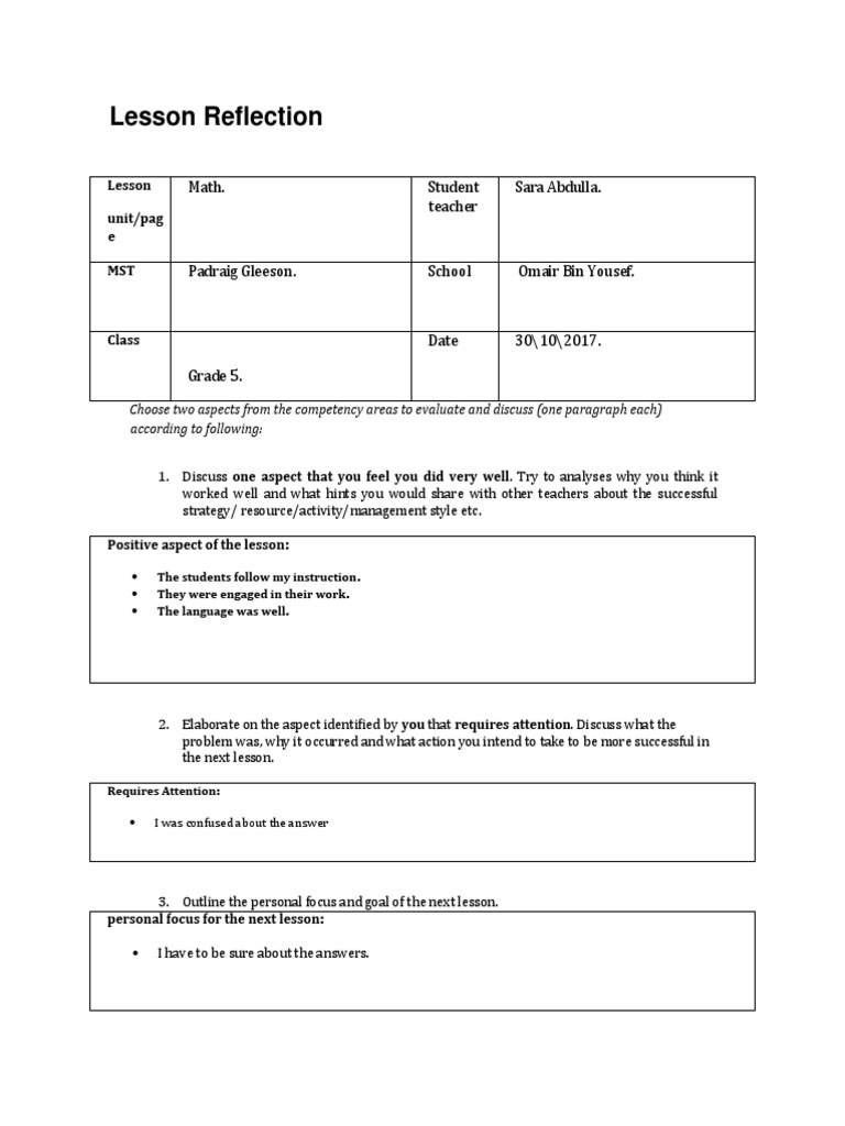 Grade 5 Math Lesson Reflection Insights | PDF