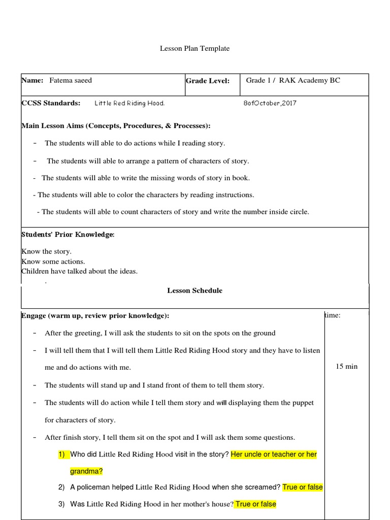 Little Red Riding Hood Lesson Plan | PDF | Lesson Plan | Teaching