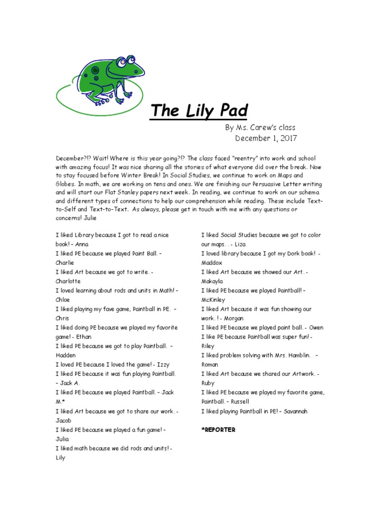 The Lily Pad: by Ms. Carew's Class December 1, 2017 | PDF | Leisure ...