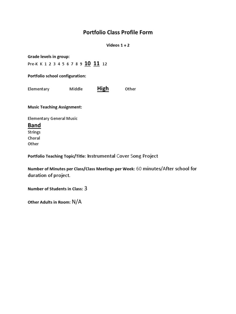 Portfolio Class Profile Form: Videos 1 + 2 Grade Levels in Group | PDF