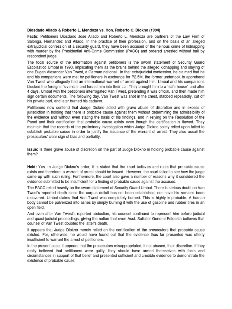 Diosdado Allado & Roberto L. Mendoza vs. Hon. Roberto C. Diokno | PDF ...