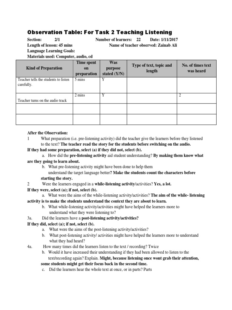 Observation Table: For Task 2 Teaching Listening: Teacher tells the ...