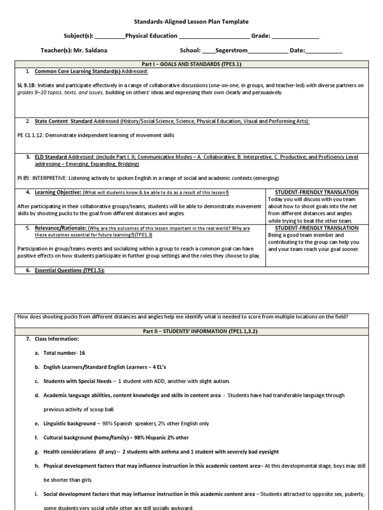 Standards-Aligned Lesson Plan Template Subject(s) : - Physical ...