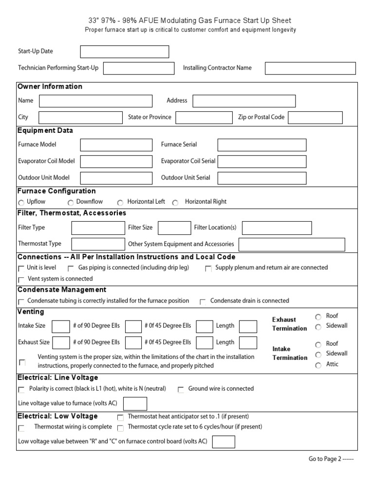 TP9C Modulating Furnace Start Up Sheet | Furnace | Thermostat
