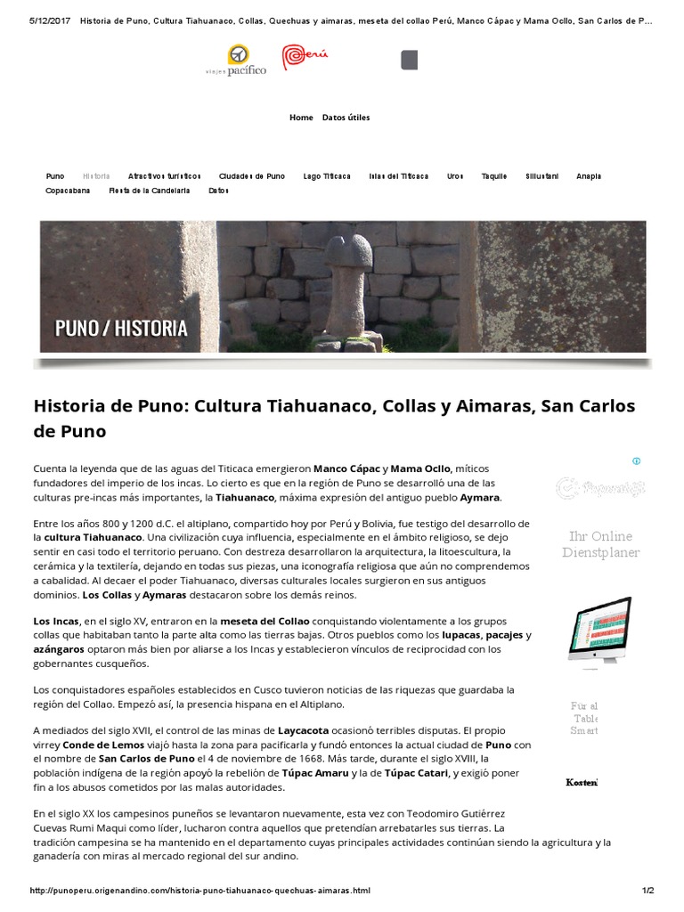 Historia de Puno, Cultura Tiahuanaco, Collas, Quechuas y Aimaras ...