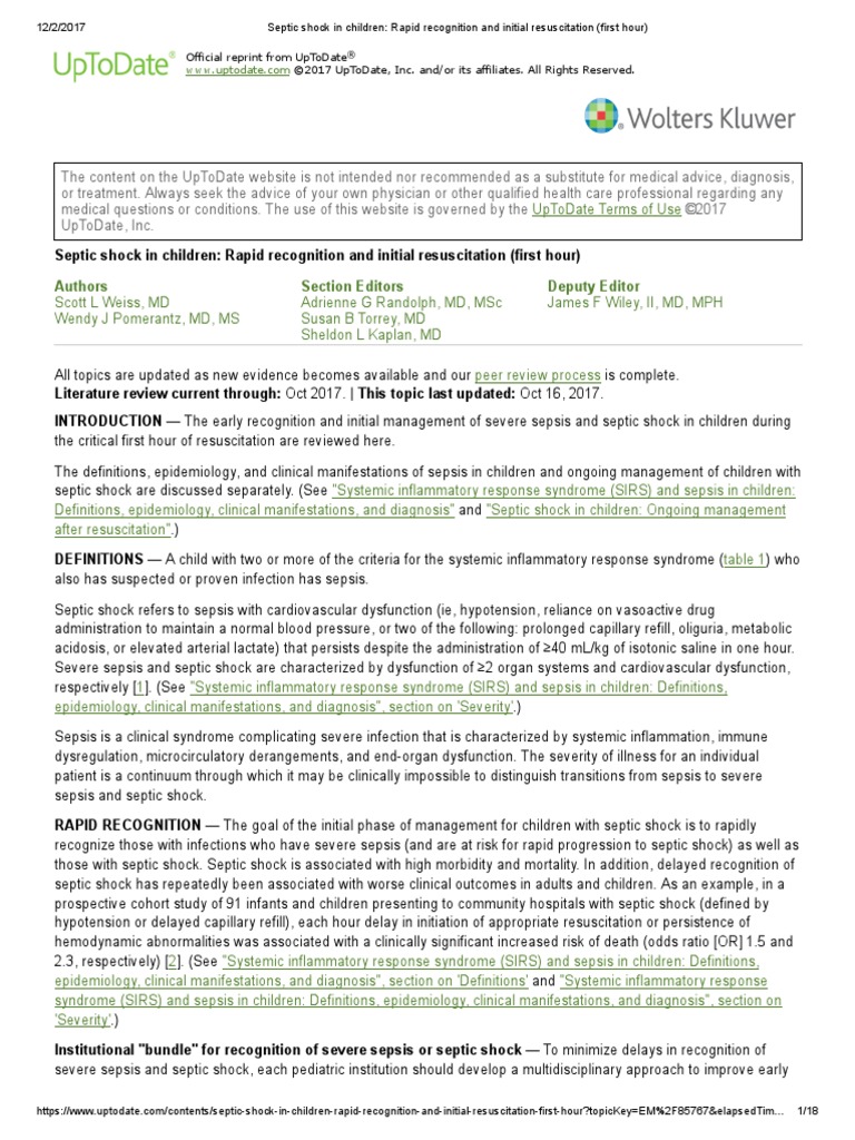 Septic Shock in Children - Rapid Recognition and Initial Resuscitation ...