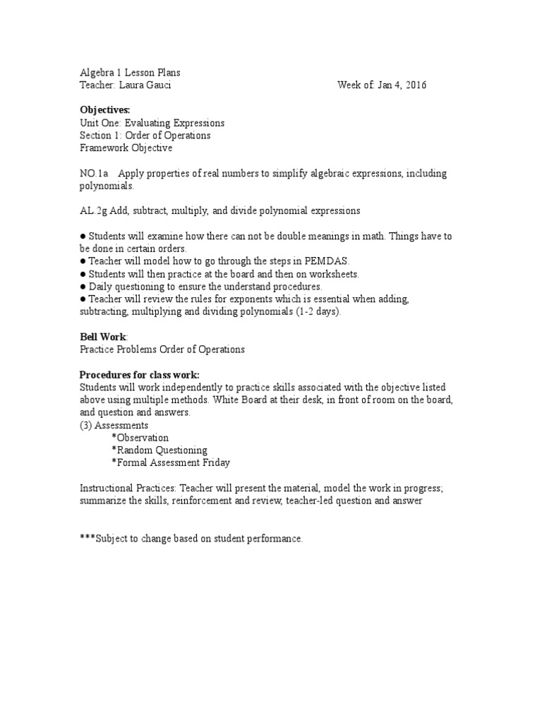 Algebra 1 Lesson Plans | PDF