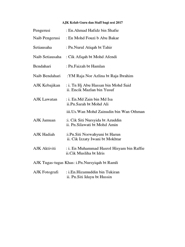 AJK Kelab Guru Dan Staff Bagi Sesi 2017 | PDF