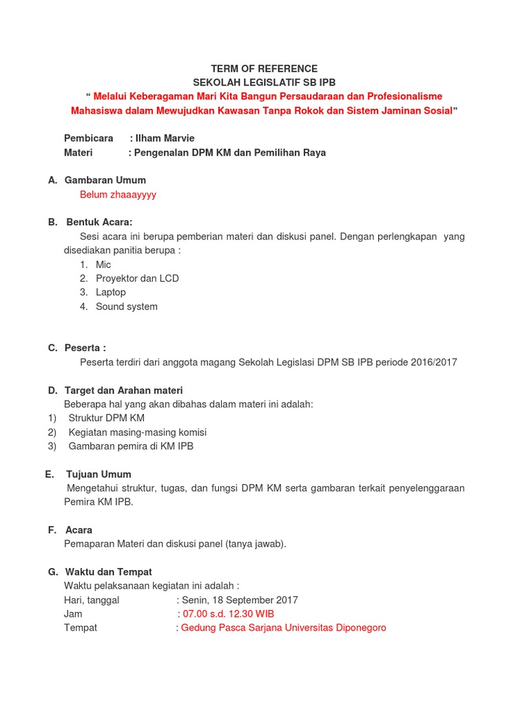 Contoh Term of Reference Sekolah Legislasi | PDF