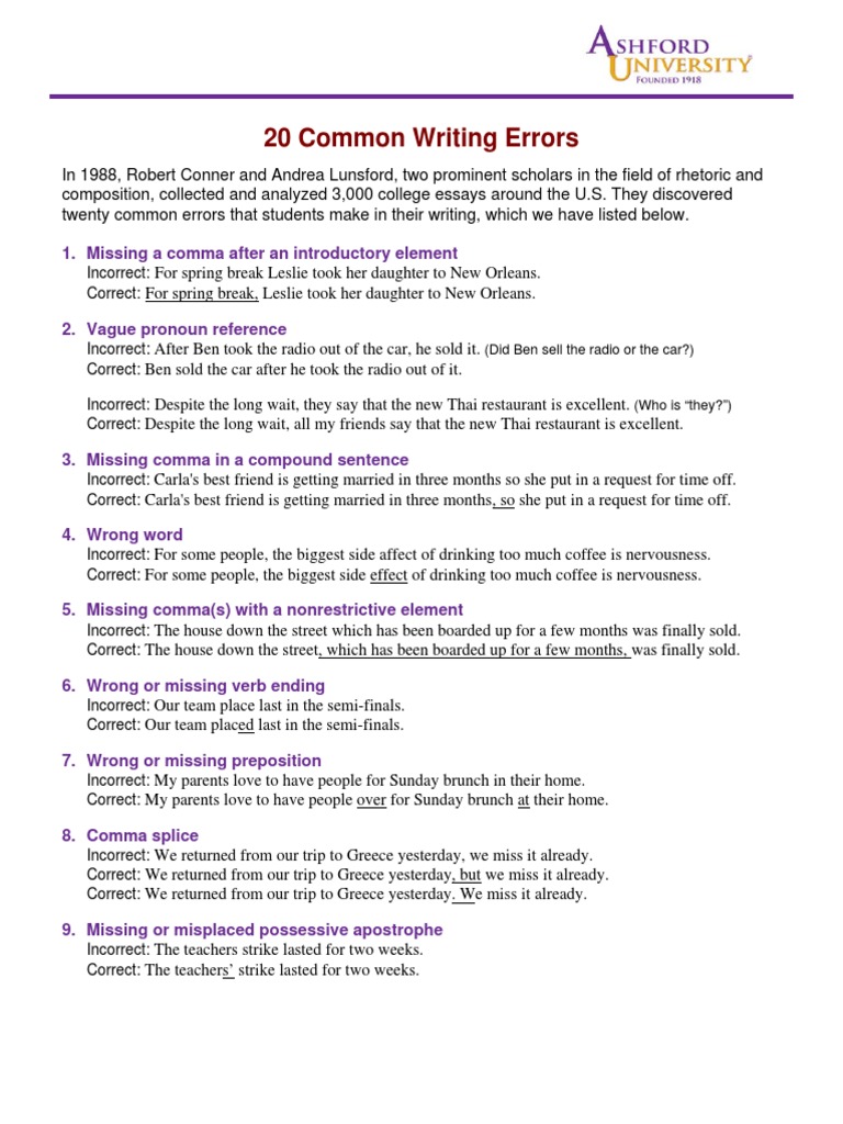 20 Common Writing Errors PDF | PDF | Grammar | Rules