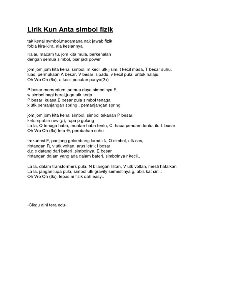 Lirik Lagu Kun Anta dan Simbol Fizik | PDF