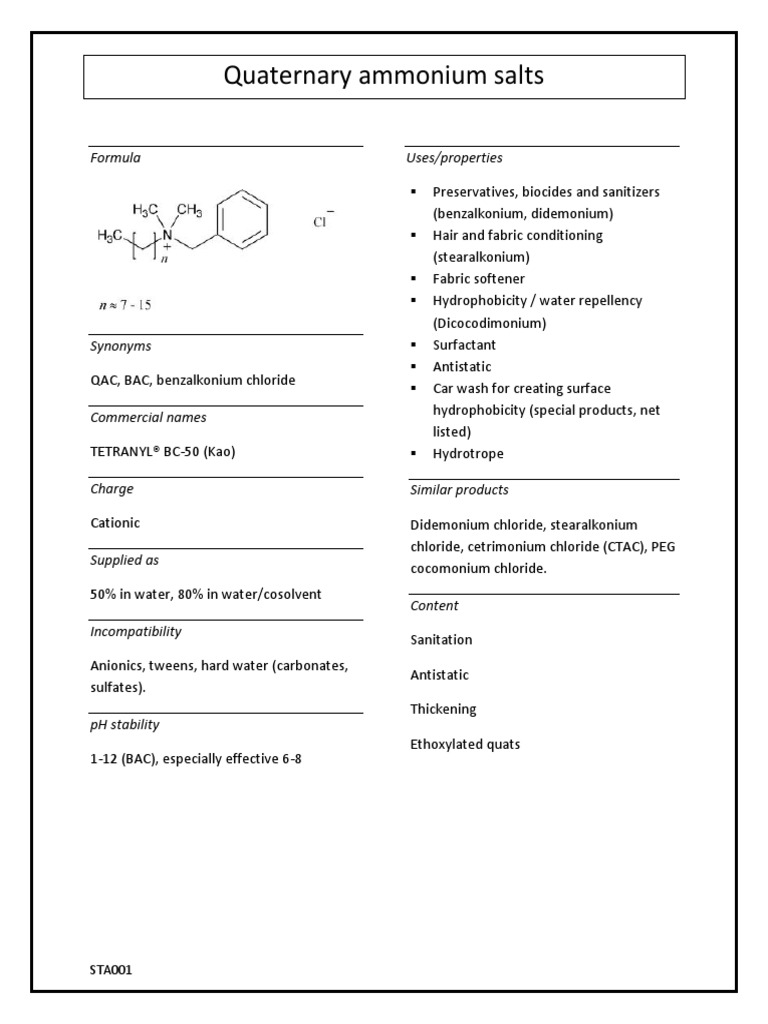STA001 - Quaternary Ammonium Salts | PDF | Surfactant | Chemical Substances