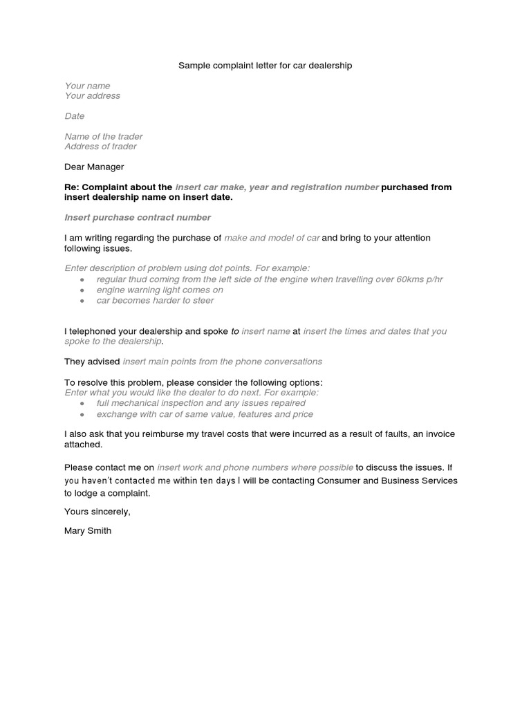 Consumer Complaint Letter Car | PDF