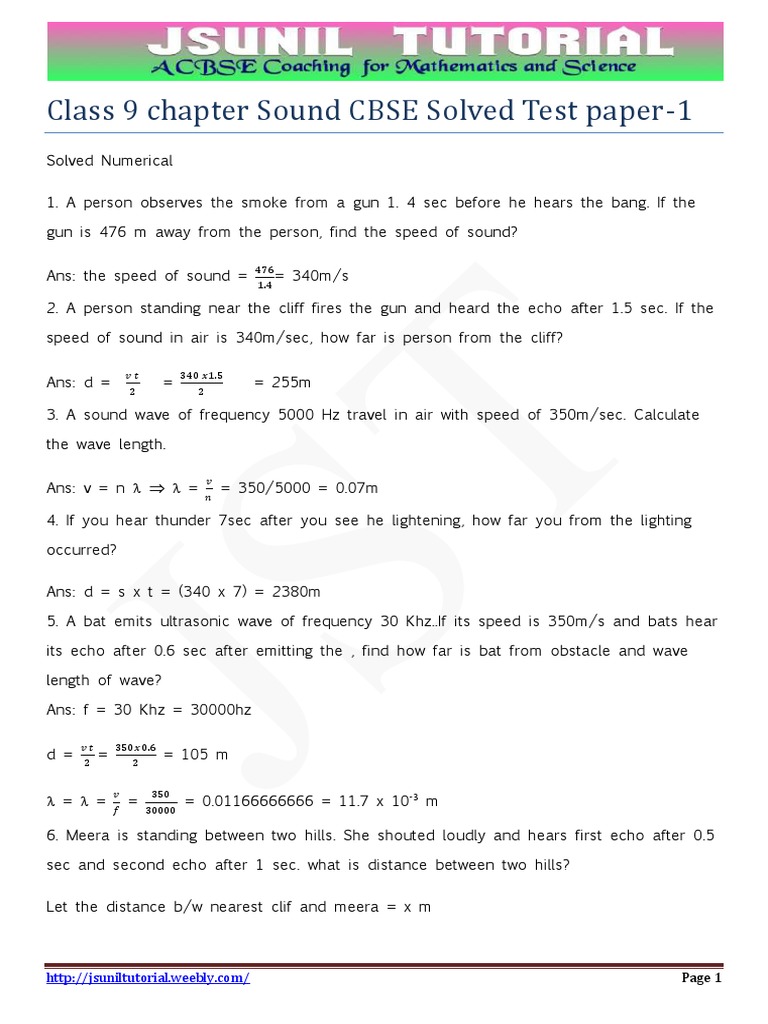 9th Sound Solved Numerical Test Paper-1 | PDF | Sound | Frequency