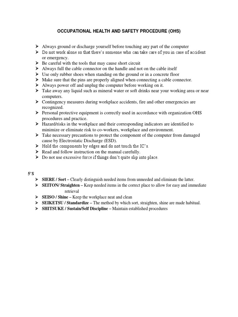 Occupational Health and Safety Procedure (Ohs) | PDF