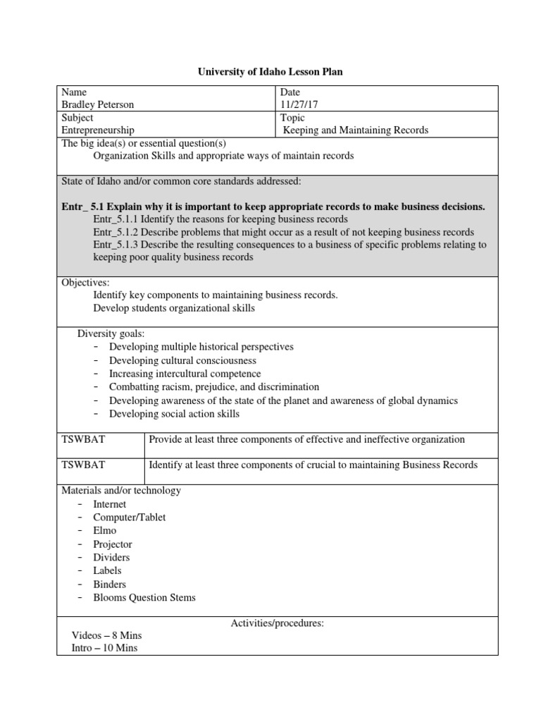 University of Idaho Lesson Plan | PDF | Entrepreneurship | Lesson Plan