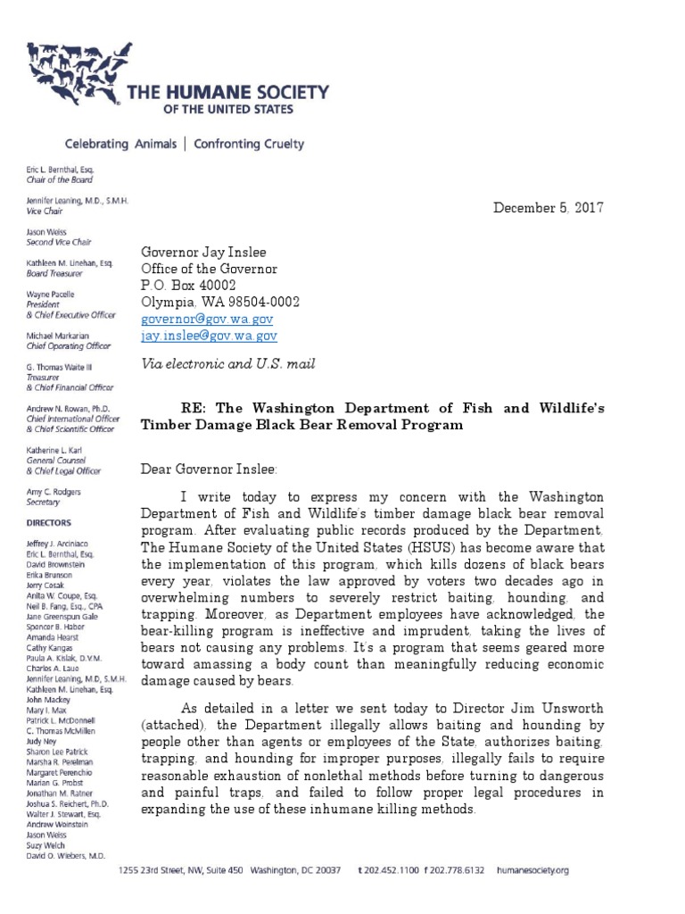 HSUS Letter To Gov Jay Inslee | PDF | Government | Justice