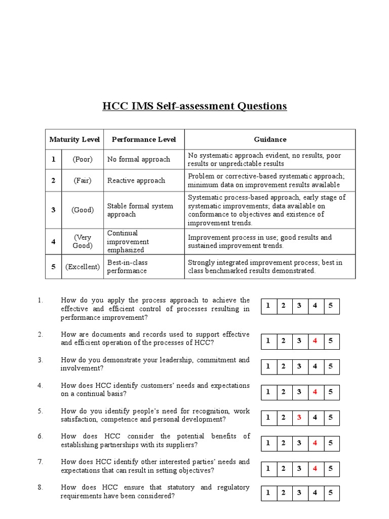 HCC IMS Self-Assessment Questions: Maturity Level Performance Level ...
