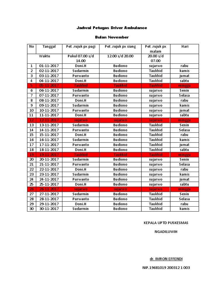 November ambulance driver duty schedule | PDF