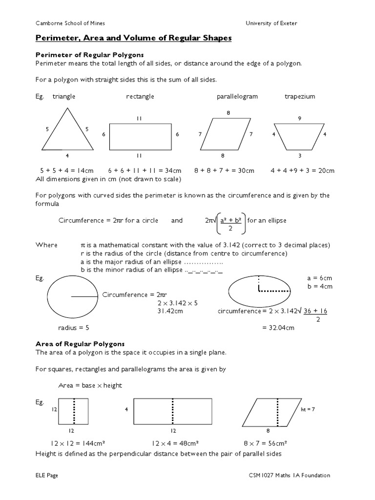 Perimeter, Area, and Volume Formulas | PDF | Area | Volume